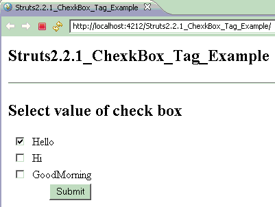 Struts2.2.1 checkbox tag example.