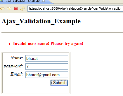 Ajax validation in struts2.